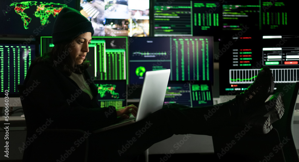 Horizontal Banner Image Of Hispanic Female Hacker Hacking Security Firewall Late At Night