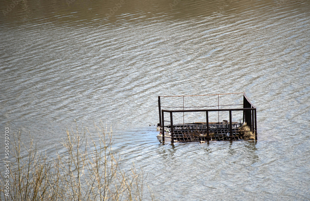 Draining the water level in the center of the lake. Artificial platinum ...
