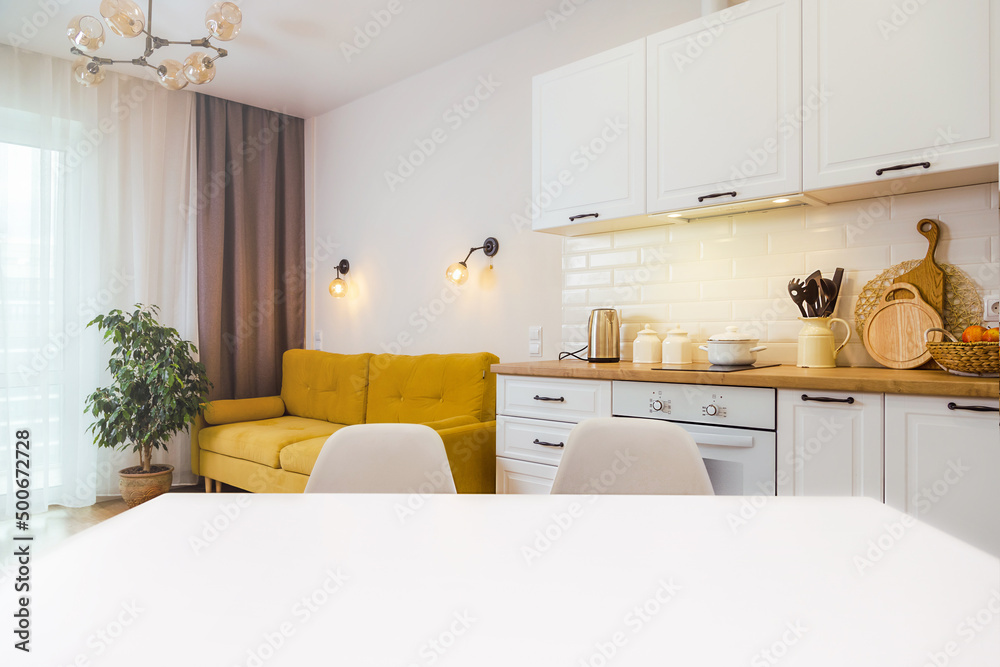 Mockup, empty table in bright kitchen interior. Copy paste for your ...