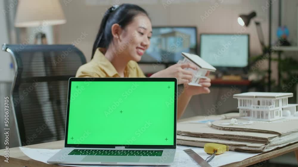 Laptop Green Screen With Asian Woman Engineer Making Paper Model Of ...