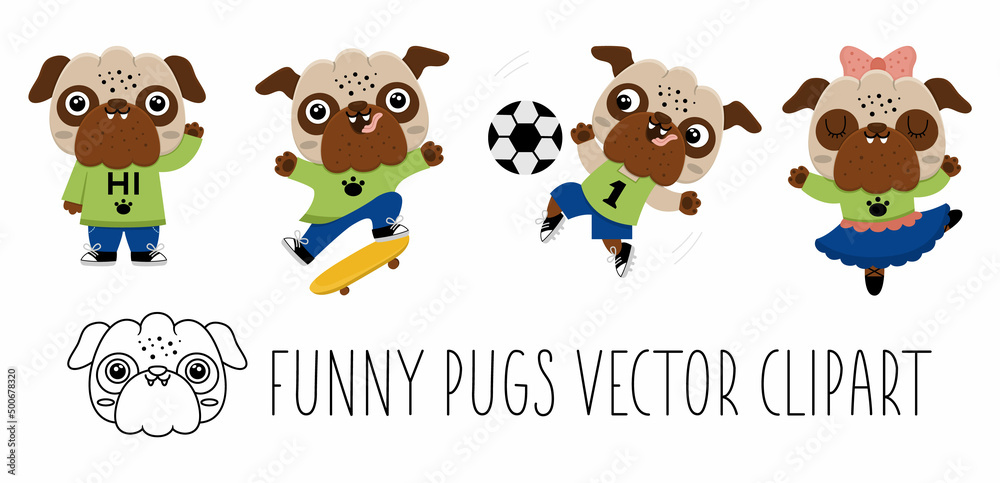 Vector cartoon pugs set. Anthropomorphic dogs doing sports. Funny pup ...