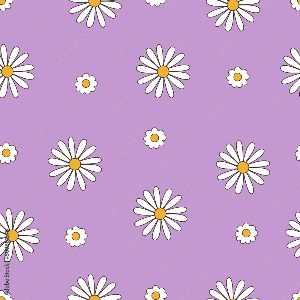 Seamless vector pattern with vintage daisy and camomile groovy flowers ...