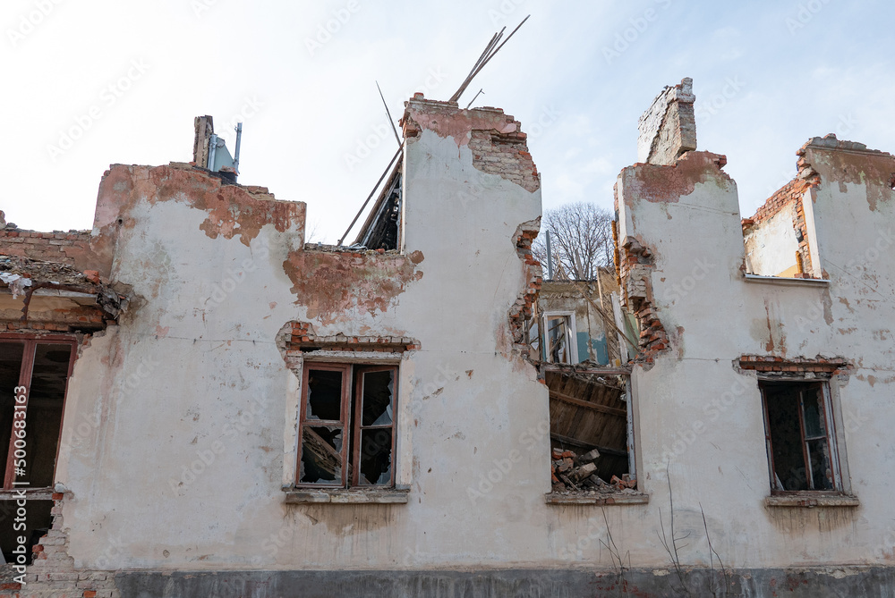 War ruins. Destroyed city after the bombing. Dead city. Bombed ...