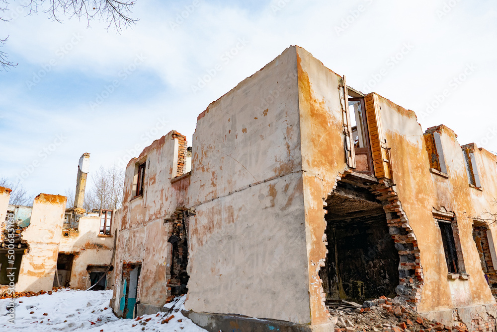 War ruins. Destroyed city after the bombing. Dead city. Bombed ...