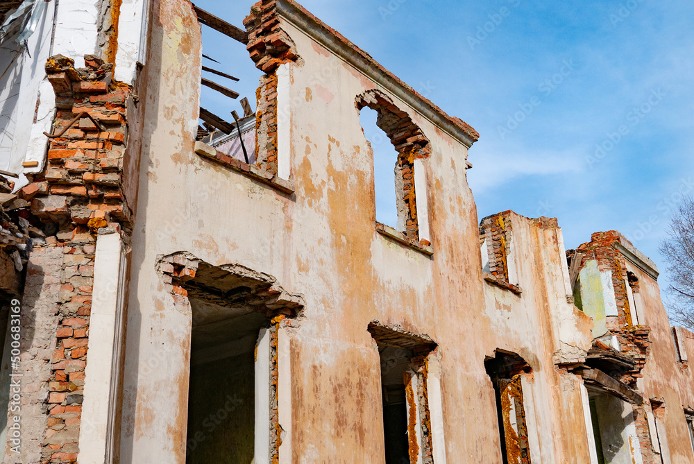War ruins. Destroyed city after the bombing. Dead city. Bombed ...