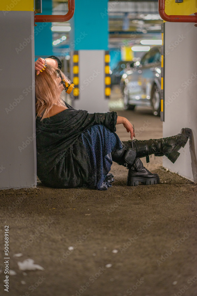 cyborg witch in cyberpunk goggles and a custom respirator, long dress ...