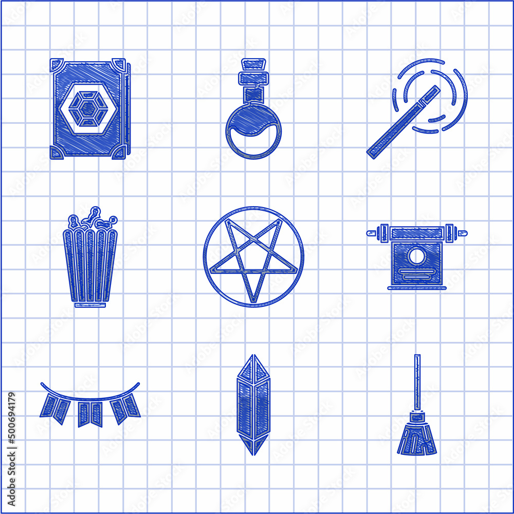 Set Pentagram in a circle, Magic stone, Witches broom, scroll, Carnival ...