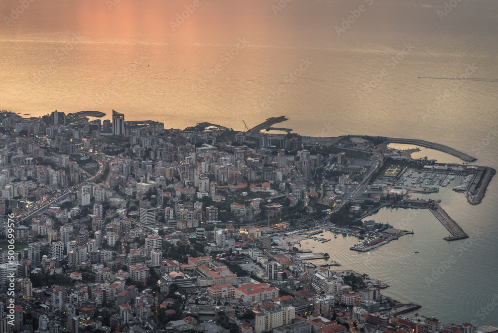 Aerial view with Kaslik and Jounieh coastal cities, view from Marian ...