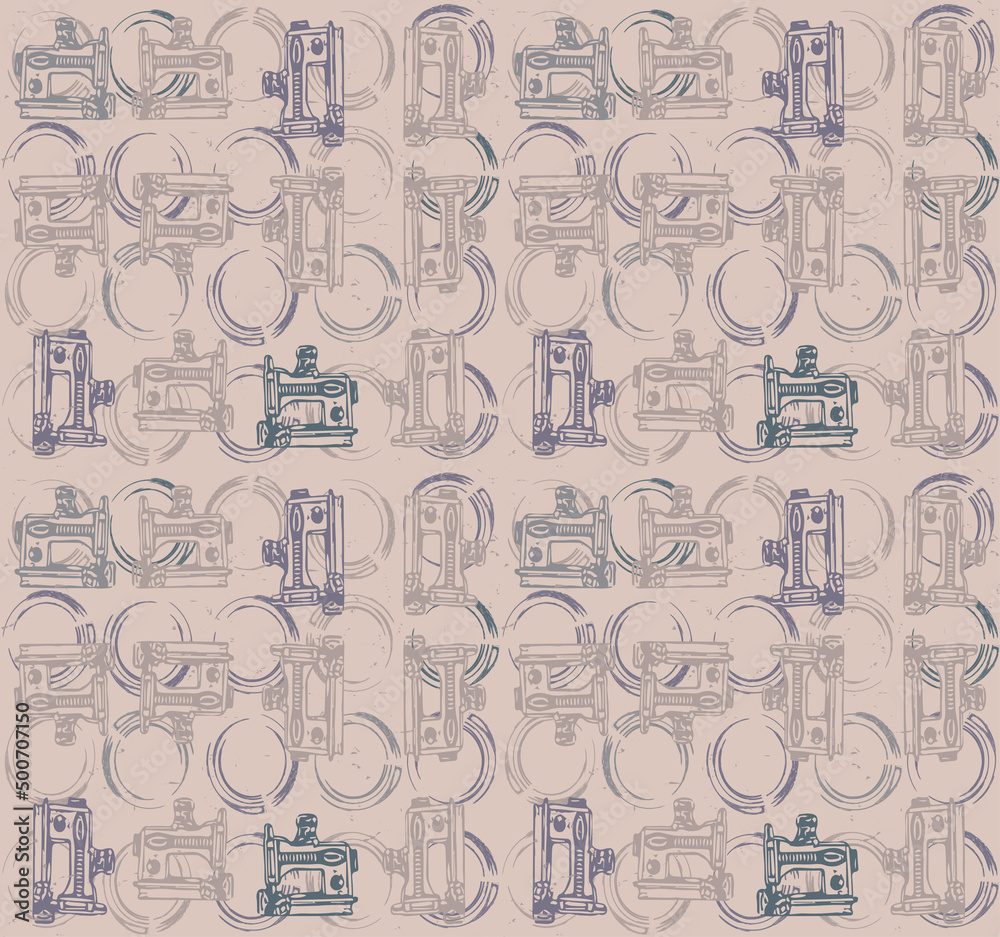 Industrial chic vintage style sewing machine pattern with circle ink ...
