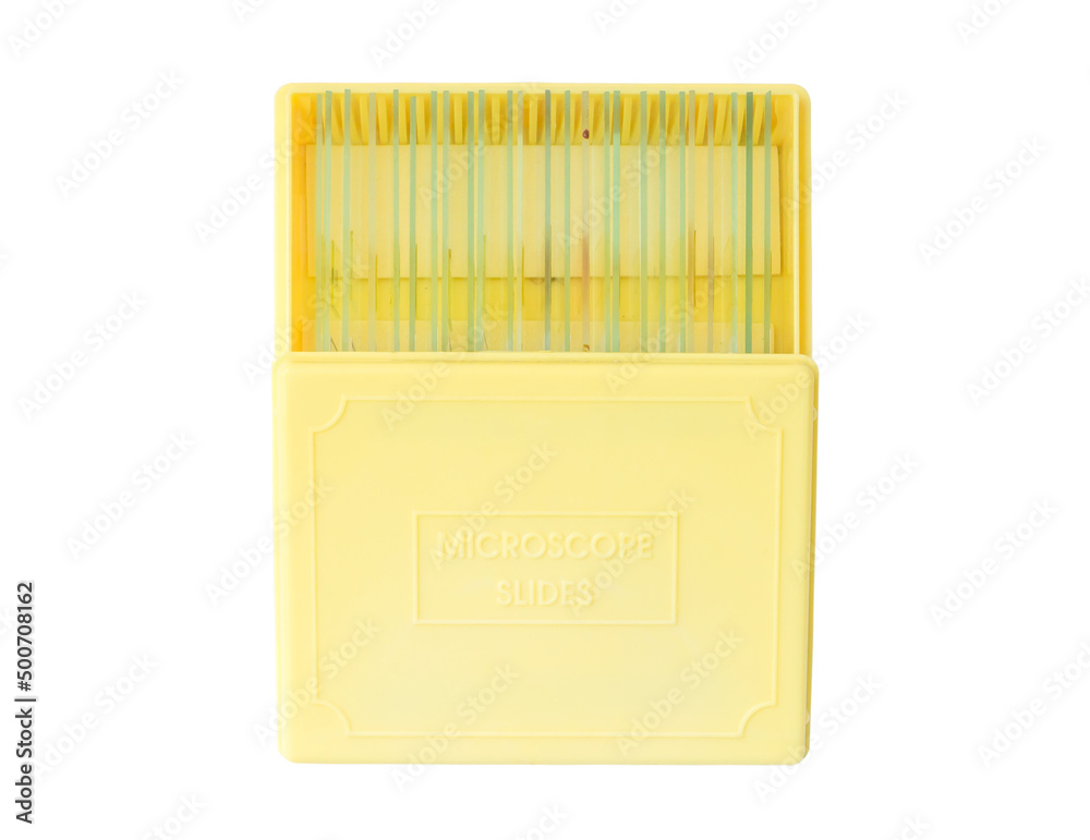 Medical science glass of microscope slides in yellow case isolated on ...