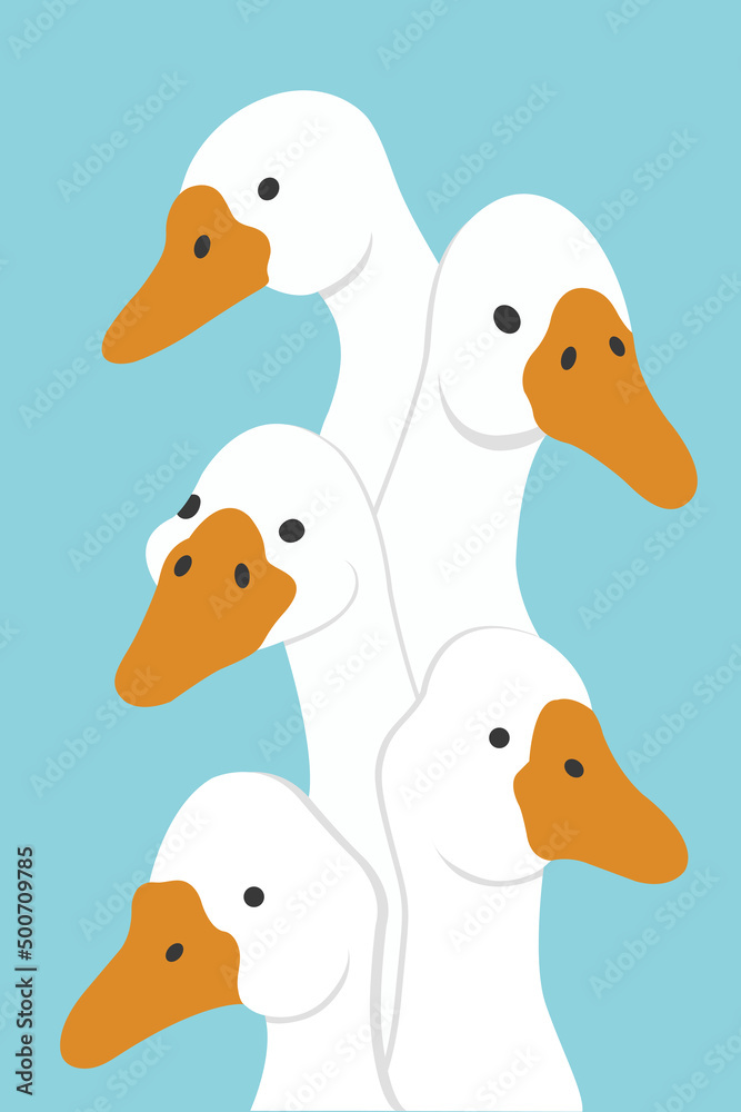 Vector illustration. White geese portrait on a blue background. Five ...