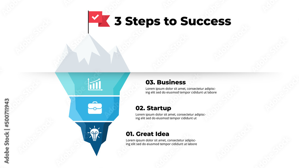 Iceberg infographic. 3 steps to success. Presentation slide template ...