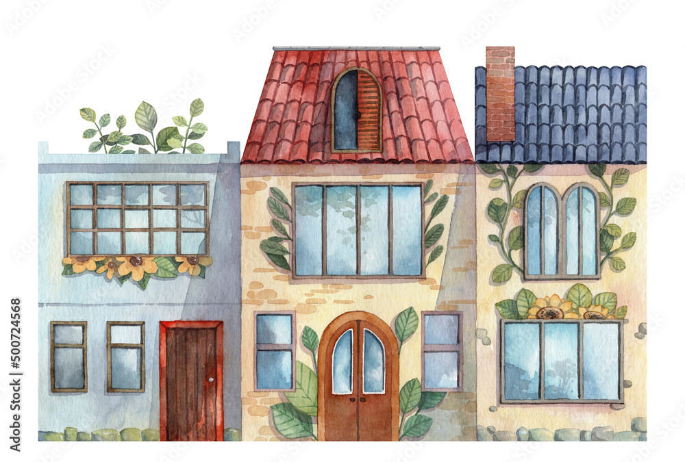 Cute spring town front view. Tiny houses facade with plants and flowers ...