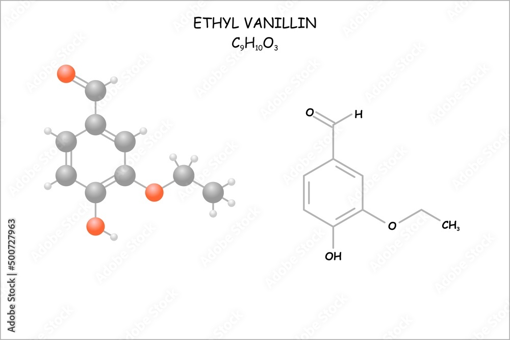 Stylized molecule model/structural formula of ethyl vanillin. Use as ...