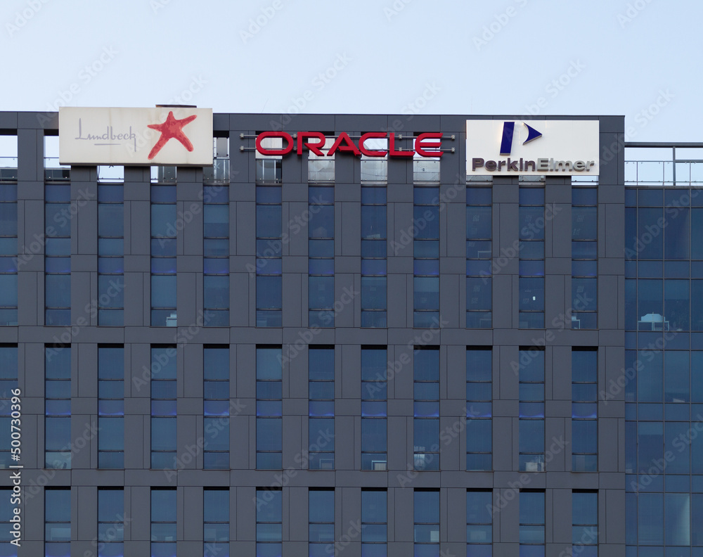 Lundbeck, Oracle and PerkinElmer logo signs on Quattro B Tower building ...