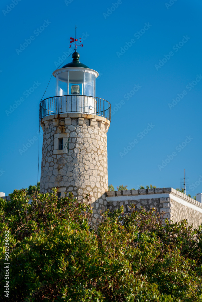 Skinari Lighthouse located at the northern cape of Zakynthos island in ...