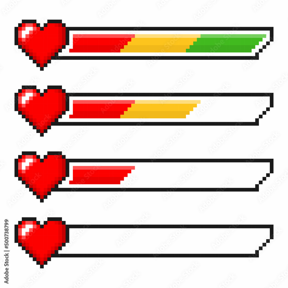 Pixel gaming life bar. Vector art 8 bit health heart bar. Game ...