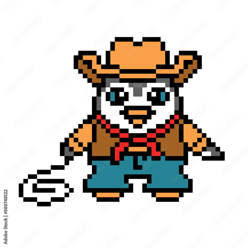 Cowboy penguin with a whip, cute pixel art animal character isolated on ...