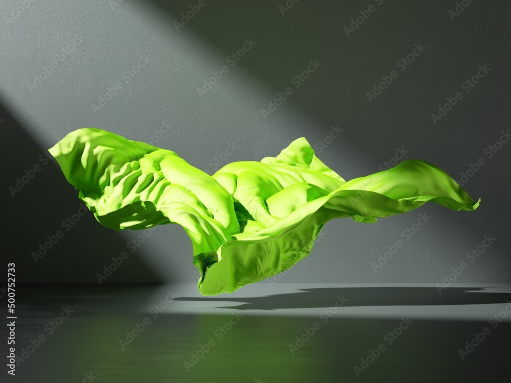 3d render. Abstract fashion background with green cloth textile falling ...