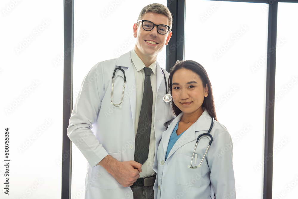 Asian female doctor couple and a doctor boyfriend work together in a ...