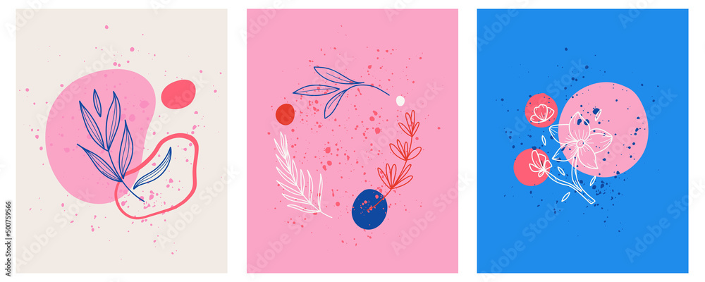 Flower minimal poster set. Hand drawn line wild flowers and leaves with ...