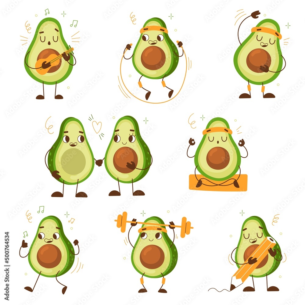 Cartoon avocado. Sport and daily activity, healthy cute characters with ...