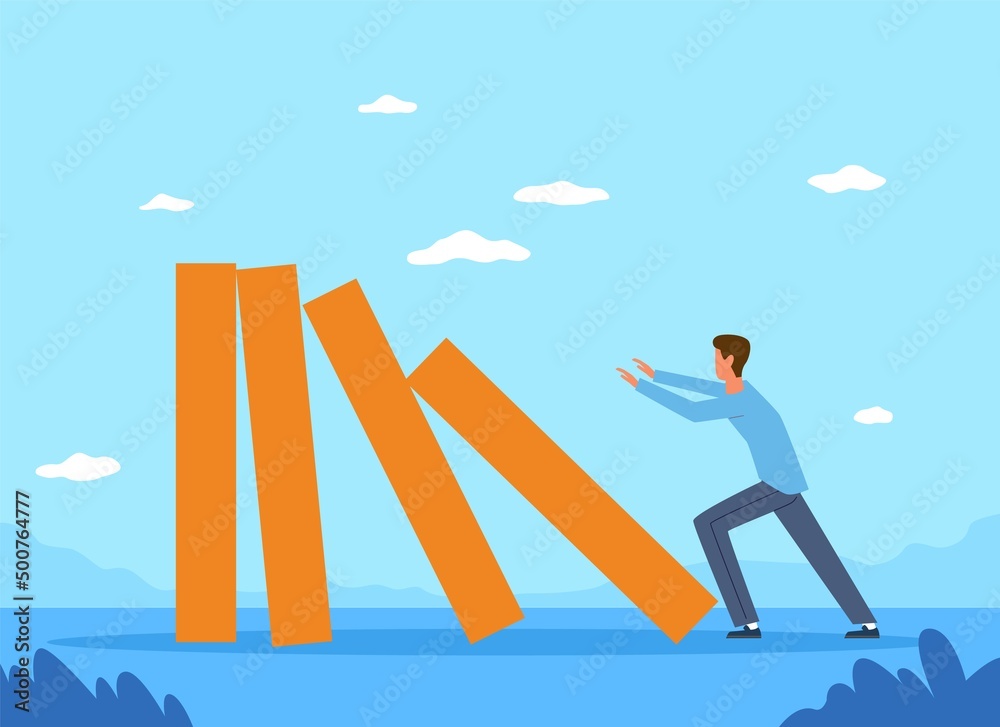 Destabilization. Provocation, domino effect, man pushing dominos ...