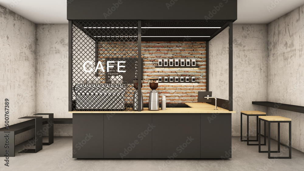 Cafe shop design Loft,Top wood counter,Black metal counter,Text light ...