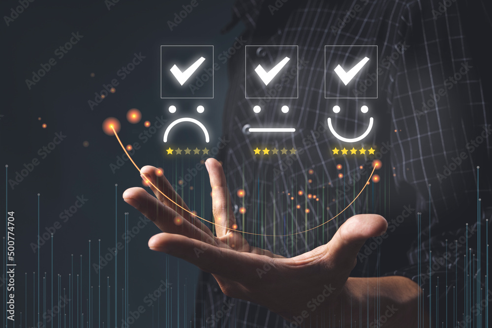 Customer Satisfaction Concept Businessman virtual screen on smiley face ...