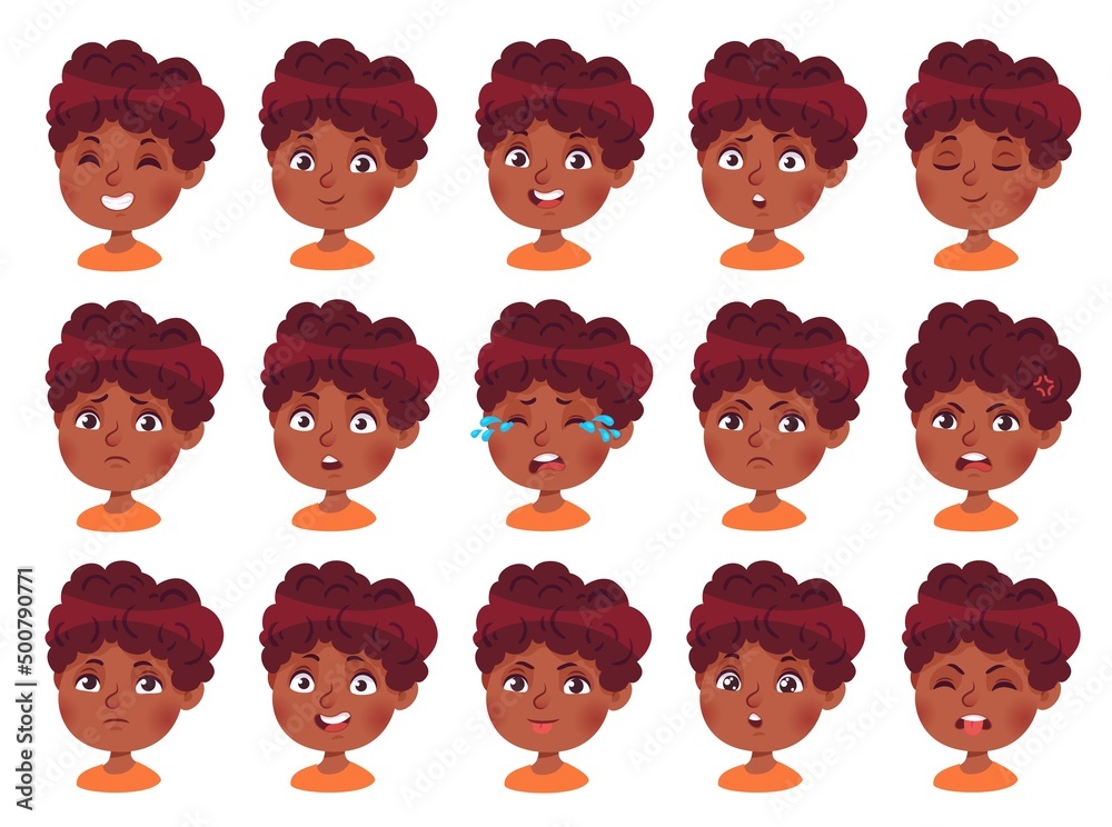 Cartoon african american boy face emotions and feelings. Cute kid ...