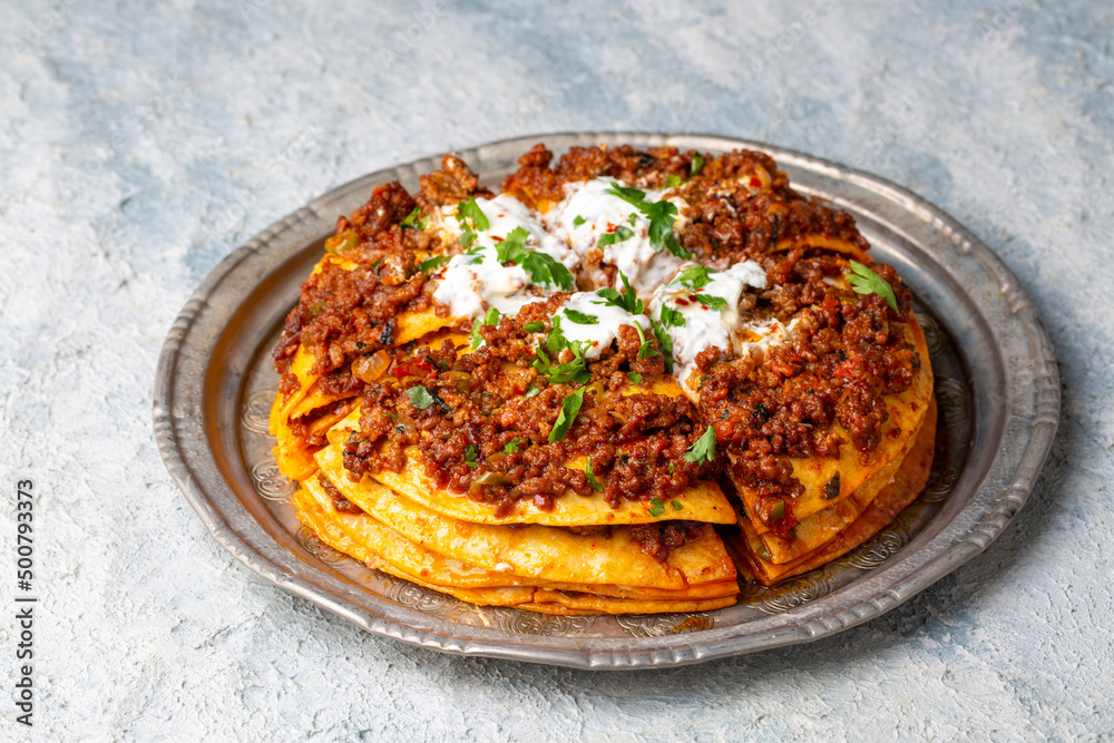 Turkish Food Kayseri Yaglama with Minced Meat, Yogurt and Tomato Paste ...