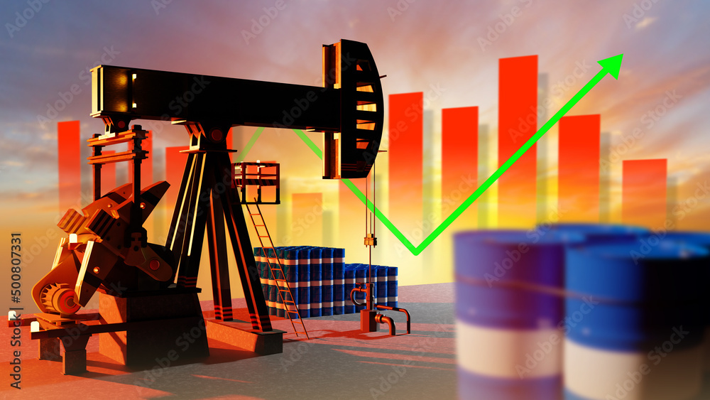 Oil market. Pump and barrels of crude oil. Rising cost of energy ...