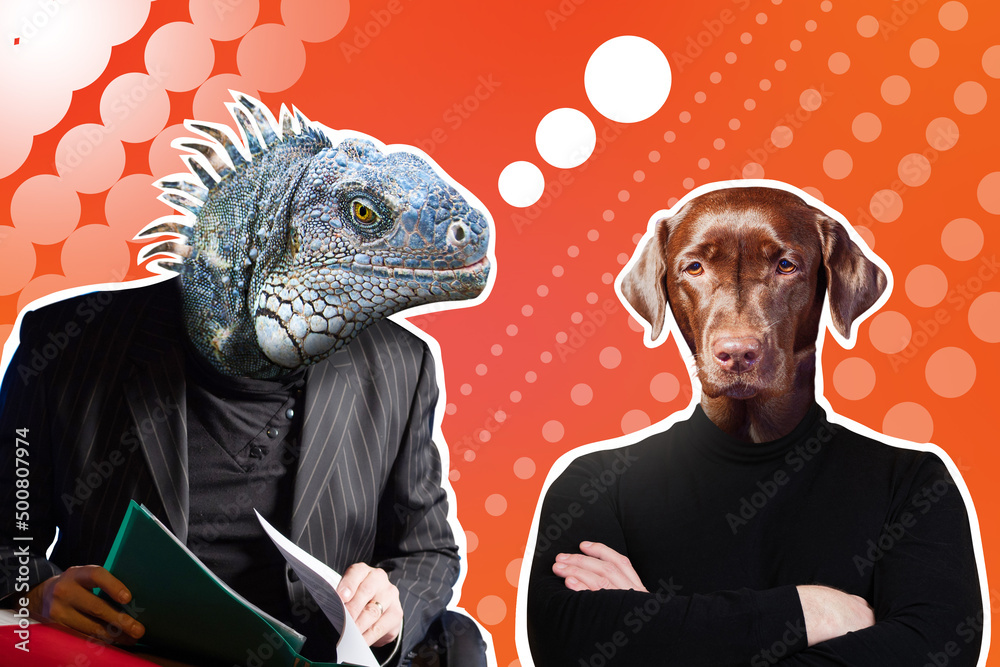 Collage with people and animals. The characters of people are expressed ...