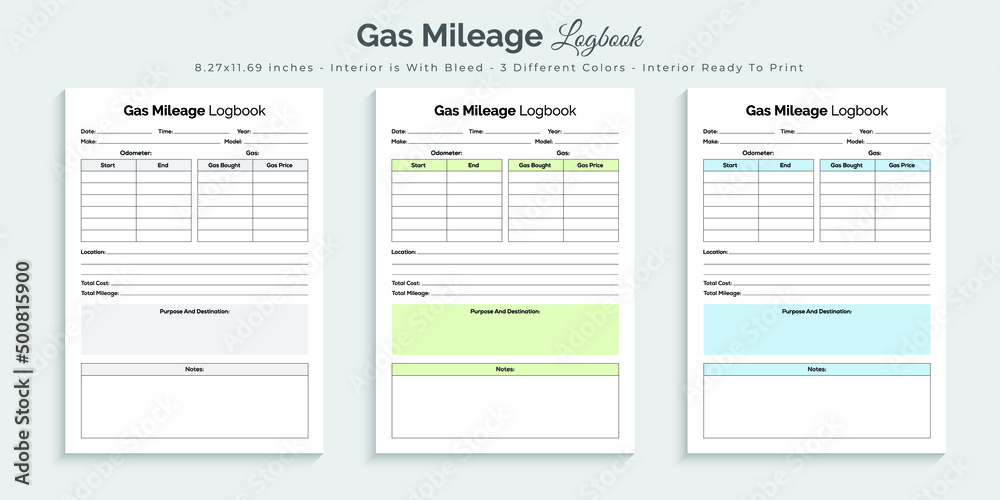 Gas mileage logbook planner journal and tracker printable kdp interior ...