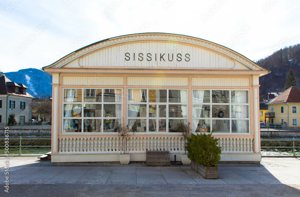 Historical music pavilion and souvenir shop called Sissikuss from the imperial city of Bad Ischl ...