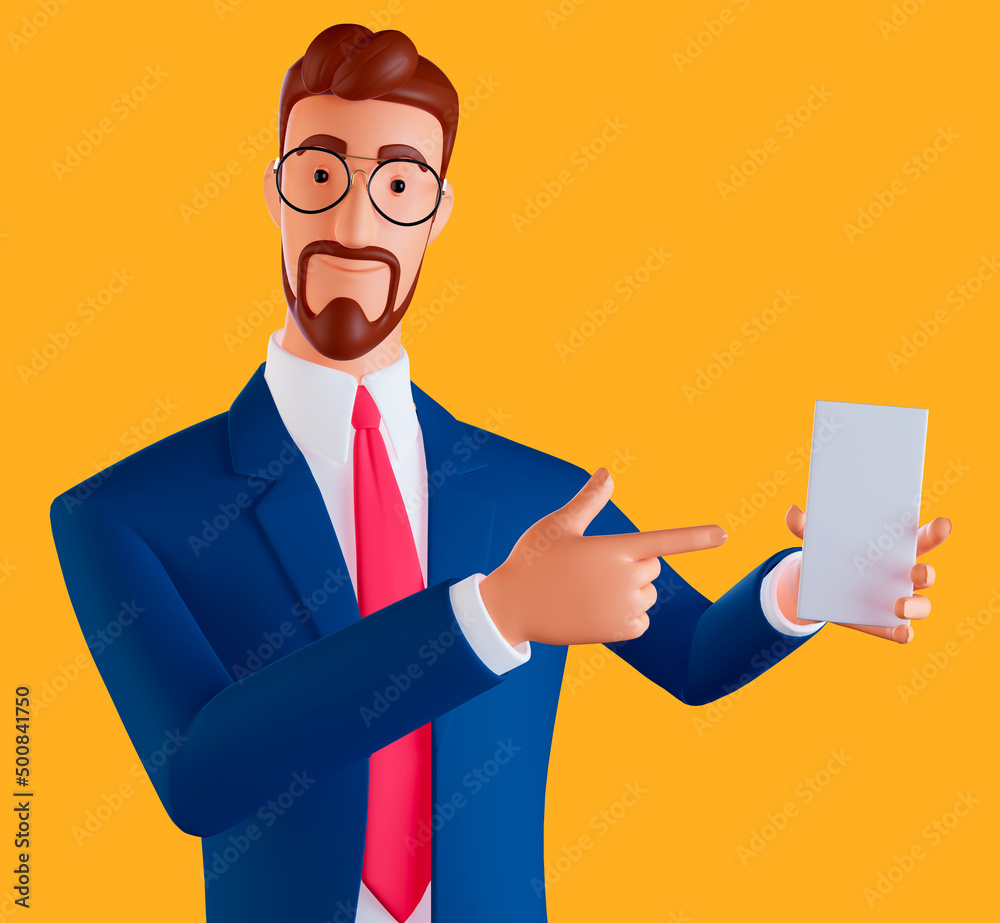 3D illustration of smiling man with Mobile App Advertisement. Handsome ...
