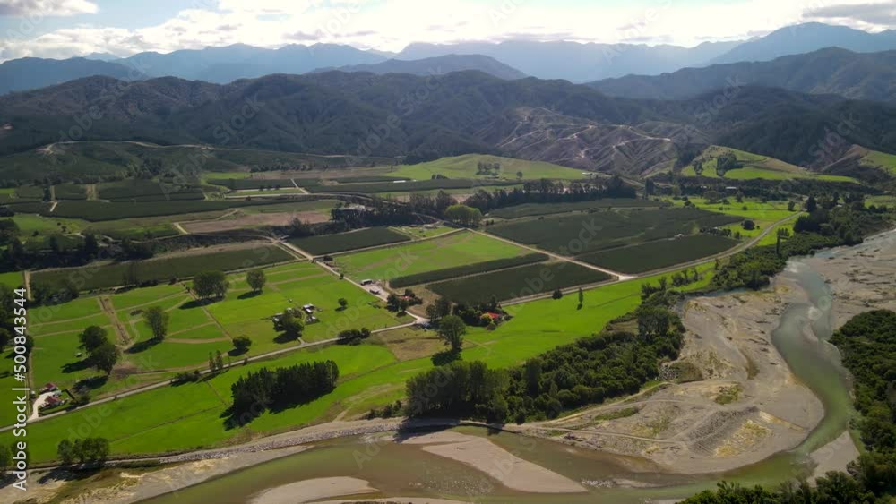 Tapawera Landscape With Hops Farm, Mountain, Valley, And Motueka River ...