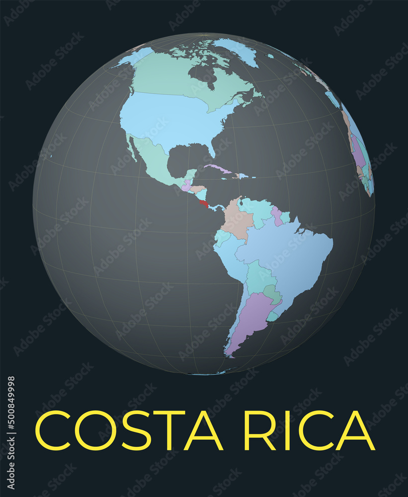 World map centered to Costa Rica. Red country highlighted. Satellite ...