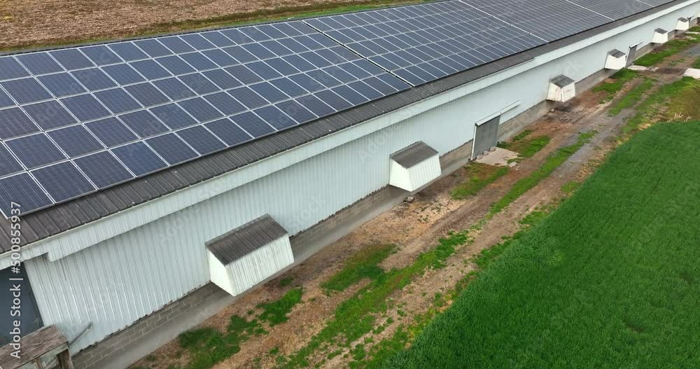 Chicken house poultry barn with solar panel array on rooftop in USA ...