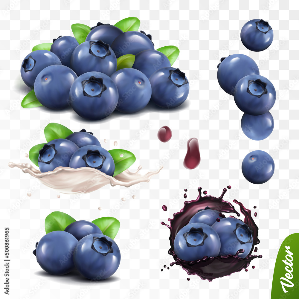 3D realistic blueberry set, lying heaps of berries with leaves, falling ...