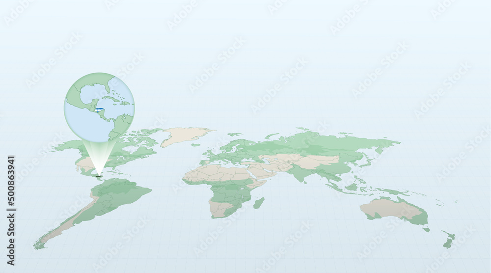 World map in perspective showing the location of the country Honduras ...