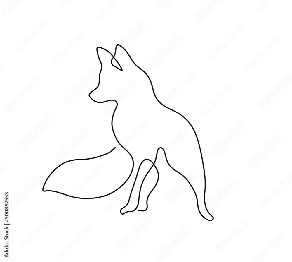 Vector isolated fox in pose with long tail one line single line graphic ...
