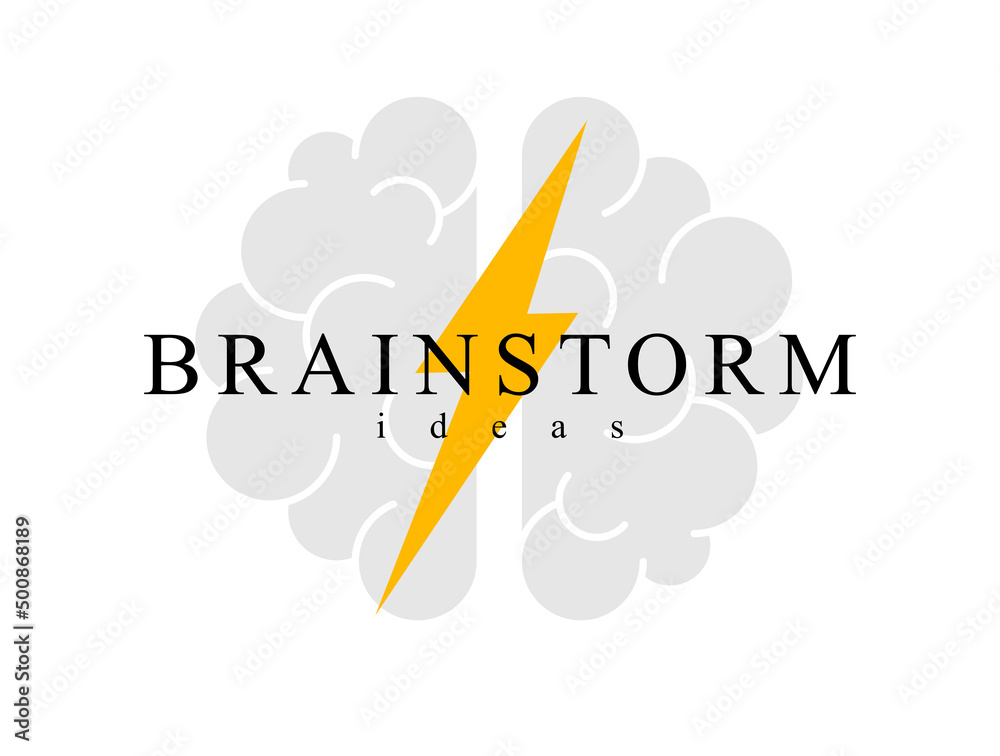 Brainstorm concept vector logo or icon, human brain and lightning bolt ...