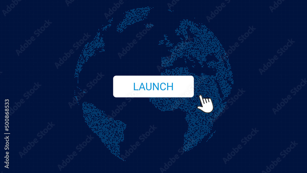 Launch Button Press by Hand Cursor with Digital Globe Background Stock ...