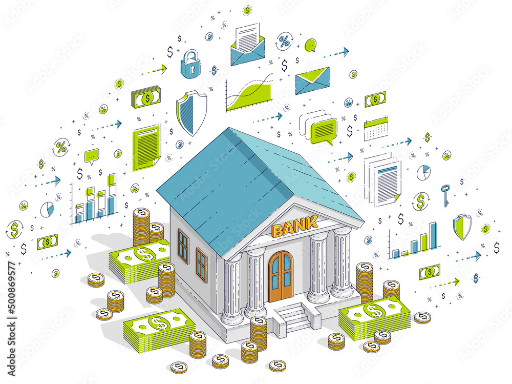 Bank building with cash money dollar pile and coin stack cartoon ...