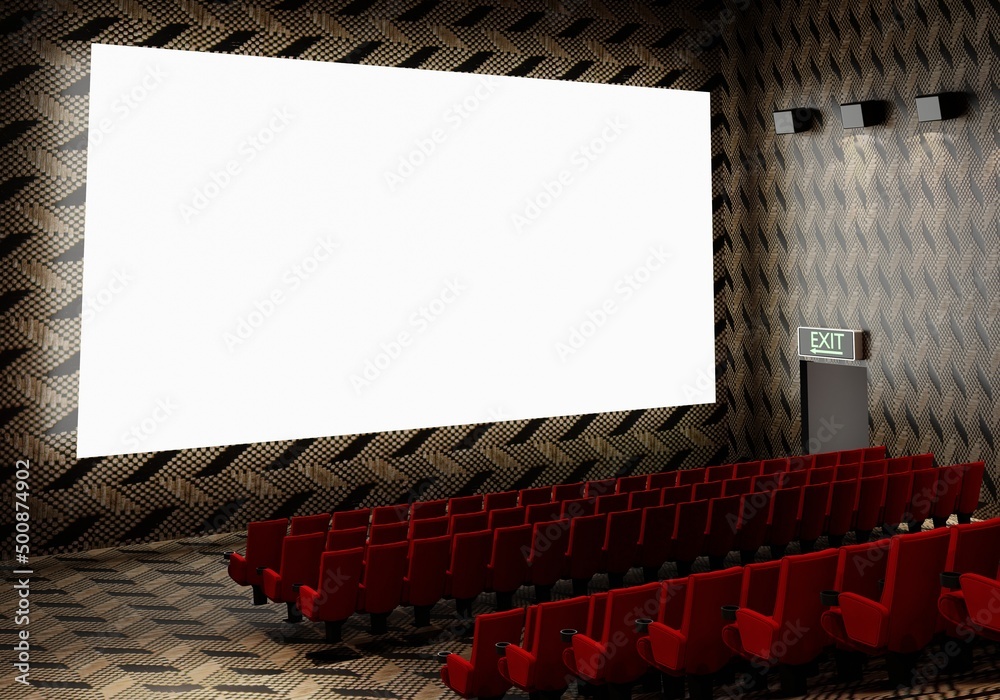 Blank white luminous cinema movie theatre screen with realistic red ...