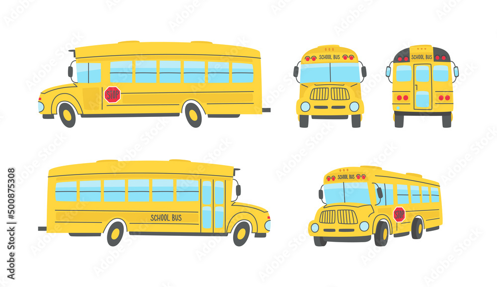 Yellow school bus from different angles. Front, back and two side views ...