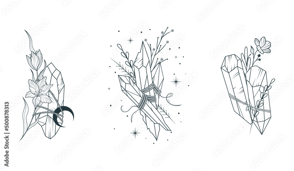 Celestial moon crystals and flowers set. 3 hand drawn magic vector ...