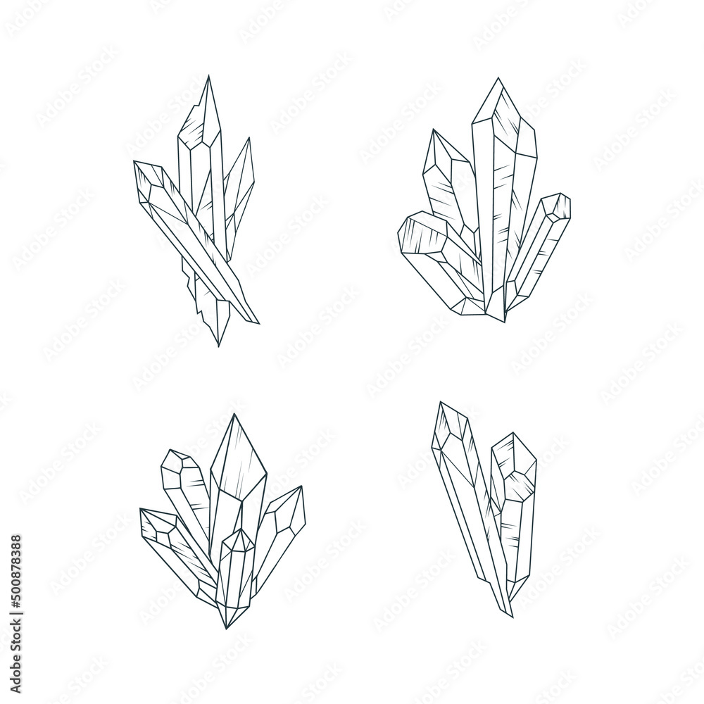 4 Crystals set. Hand drawn vector illustration with outline elements ...