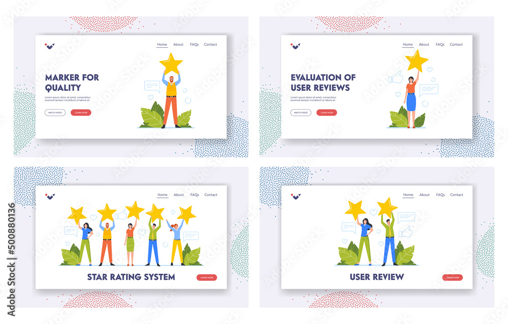 Star Rating Landing Page Template Set. Tiny Clients Characters Holding ...
